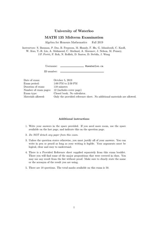 Math135 F2019 Midterm University Of Waterloo Math 135 Midterm Examination Algebra For Honours