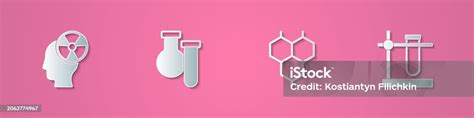 종이 절단 헤드 및 방사선 기호 시험관 플라스크 화학식 및 스탠드 아이콘을 설정합니다 페이퍼 아트 스타일입니다 벡터 3차원 형태에 대한 스톡 벡터 아트 및 기타 이미지