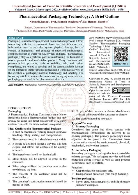 Pharmaceutical Packaging Technology A Brief Outline Pdf