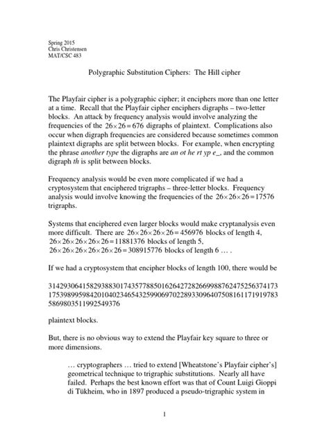 The Hill Cipher A Matrix Approach To Polygraphic Substitution Ciphers