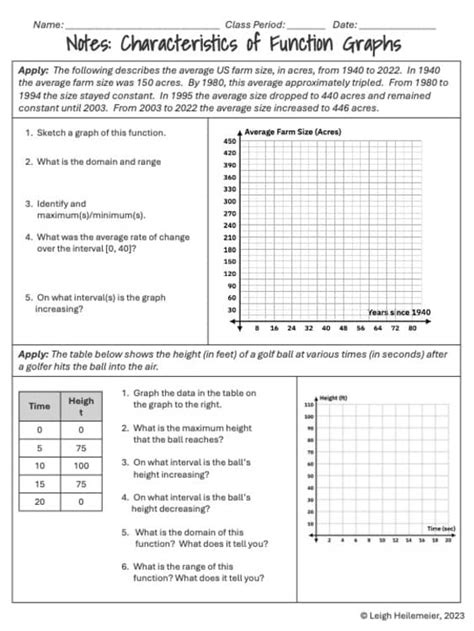 Characteristics Of Function Graphs Guided Notes And Worksheet Tpt