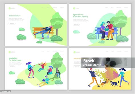 사람들이 시간을 보내는 사람들과 방문 페이지 템플릿 자연에 휴식 아이 독서 책 산책 개 벤치에 남자 수면 그룹 사람들이 기타 소녀를 연주 듣고 가족 만화 야외에 대한 스톡