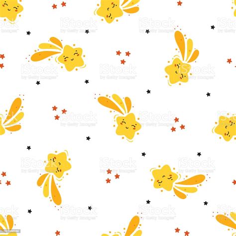 혜성 귀여운 촬영 스타 벡터 원활한 패턴 가와이가 떨어지는 별의 별이 빛나는 하늘 다채로운 배경 티셔츠 프린트 보육원 베이비 샤워 휴일 또는 어린이를위한 생일 파티 디자인