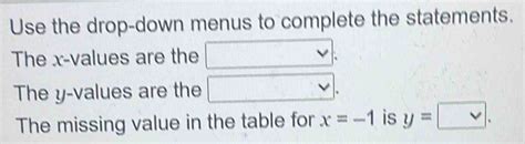 use the drop down menus to complete the statements the x values are