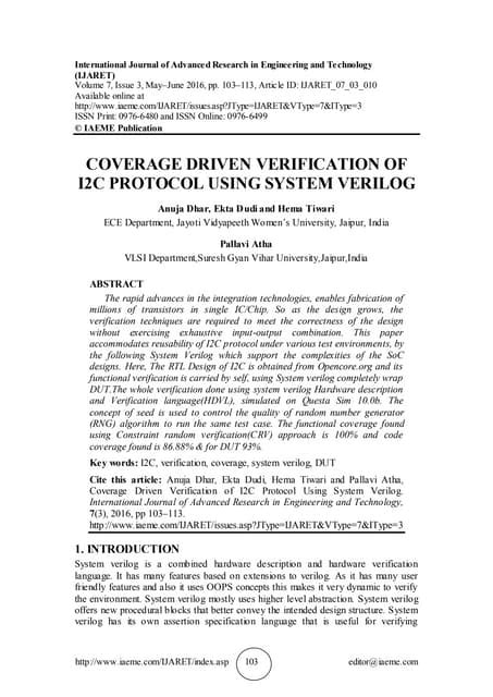 Coverage Driven Verification Of I2c Protocol Using System Verilog Pdf
