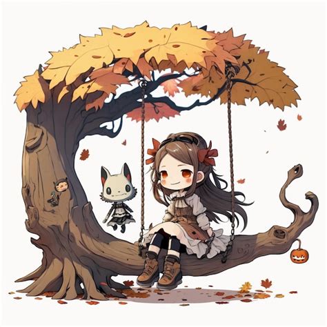 Premium Ai Image Anime Girl Sitting On A Swing In A Tree With A Cat