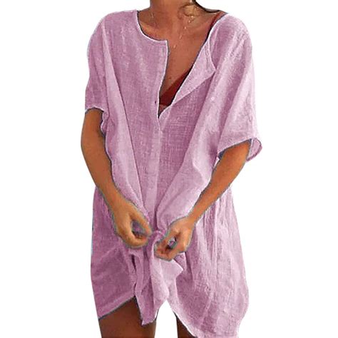 Beach Swimsuit Cover Ups Women Cotton Cover Up Swimwear Casual Short Sleeve Long Blouse Solid
