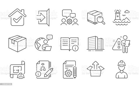 Documentation Lighthouse And Send Box Icons Set Algorithm Technical