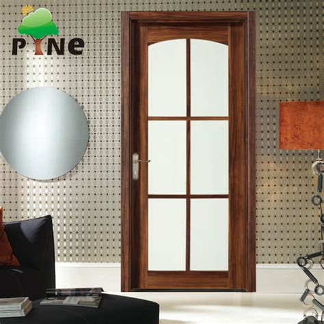 Tempered Glass Insert 6 Panel Interior Solid Wooden Waterproof Door With Wood Frame For Bathroom