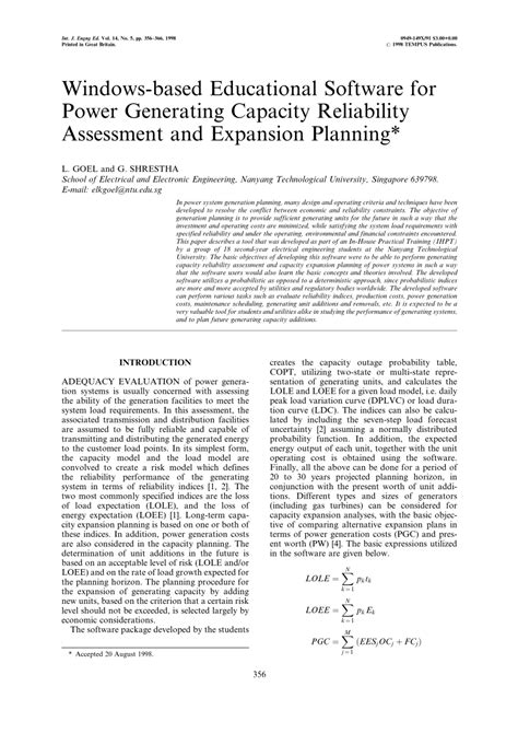 Pdf Windows Based Educational Software For Power Generating Capacity Reliability Assessment