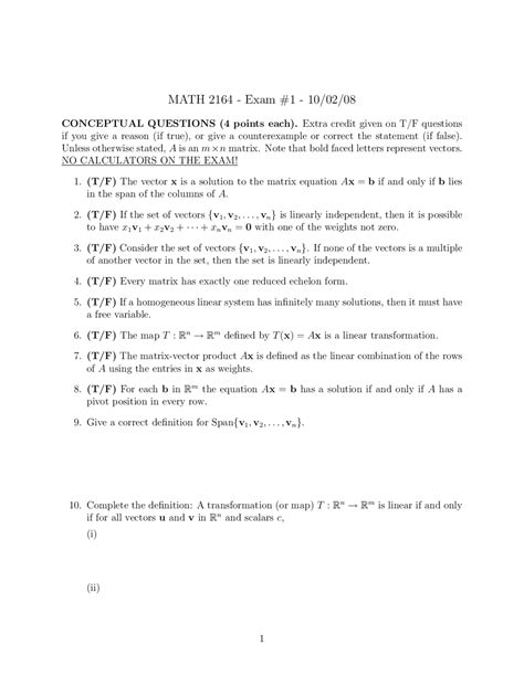 Exam 1 With 6 Questions Matrices And Linear Algebra Math 2164 Docsity