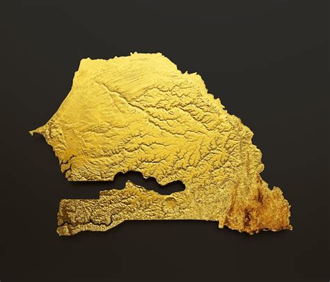 세네갈지도 황금 금속 색상 높이지도 배경 3d 그림 프리미엄 사진