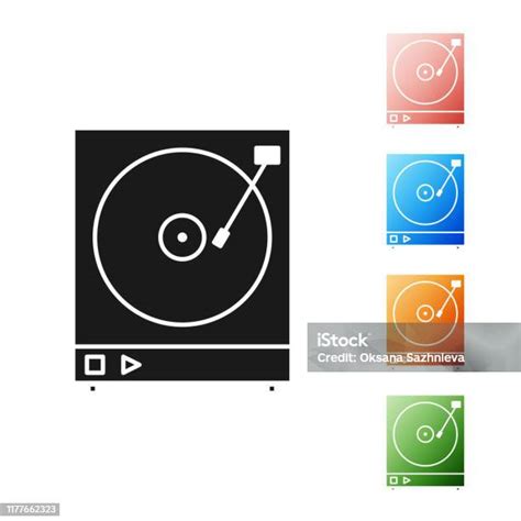 흰색 배경에 격리 된 비닐 디스크 아이콘검은 비닐 플레이어 다채로운 아이콘을 설정합니다 벡터 일러스트레이션 Dj에 대한 스톡