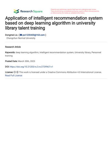 Pdf Application Of Intelligent Recommendation System Based On Deep