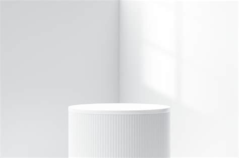 현대 흰색 연단 3d 배경 장면 제품 디스플레이 무대 추상 창 조명 내부 벽 개념 또는 최소한의 프리젠 테이션 스탠드 광고 쇼룸