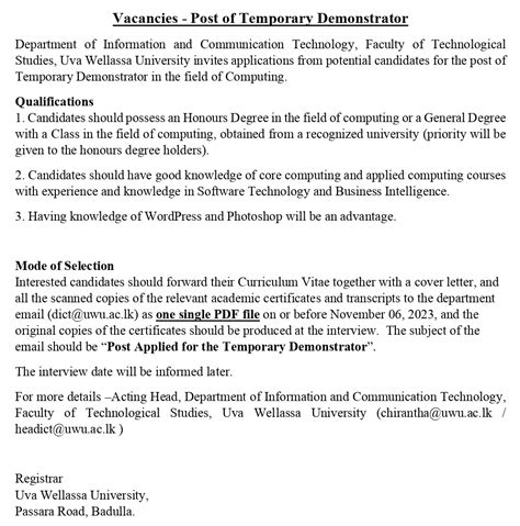 Vacancies Post Of Temporary Demonstrator Uva Wellassa University