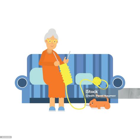 아름 다운 수석 여자 캐릭터는 소파에 앉아 뜨개질을 하는 다채로운 벡터 일러스트 레이 션 독일에 대한 스톡 벡터 아트 및 기타 이미지 독일 만화 벡터 Istock