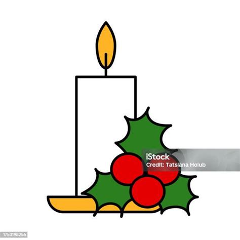 빨간 열매와 녹색 Amelay와 촛불을 태우고 휴일 축하를위한 요소 플랫 스타일의 편집 가능한 크리스마스와 새해 아이콘입니다 빈티지 전통 스티커입니다 벡터 그림입니다 0명에