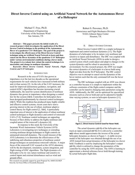 Pdf Direct Inverse Control Using An Artificial Neural Network For The Autonomous Hover Of A