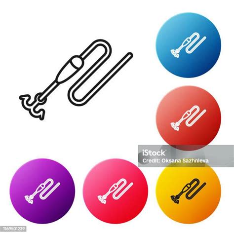 흰색 배경에 고립 된 후크와 플로트 아이콘이있는 검은 색 줄 낚시 라인 낚시 태클 아이콘 다채로운 원 버튼을 설정합니다 벡터 일러스트레이션 강에 대한 스톡 벡터 아트 및