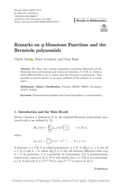 Pdf Remarks On Q Monotone Functions And The Bernstein Polynomials