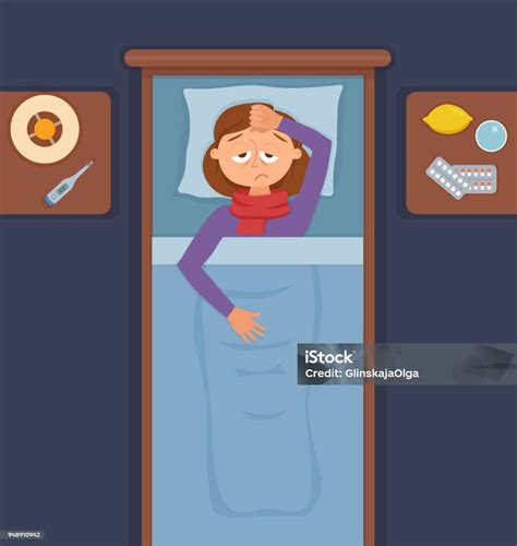 감기 독감의 증상으로 침대에서 아픈 소녀 베개와 담요와 스카프 의학 레몬 온도계에 만화 벡터 문자입니다 높은 열 건강 하지 못한 여자의 그림 두통 개념에 대한 스톡 벡터