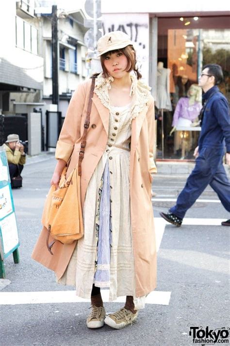 Harajuku Girls Vintage Maxi Coat Muslin Dress And Kangol Cap Harajuku