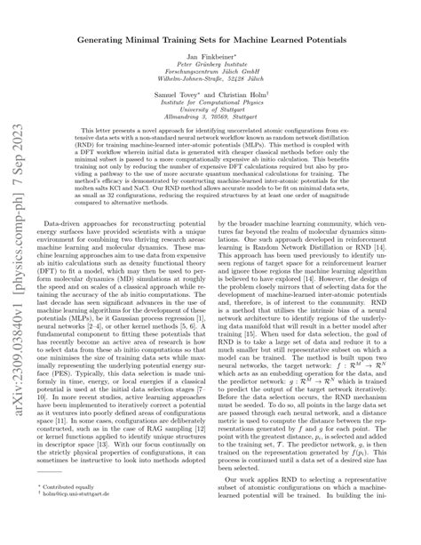 Pdf Generating Minimal Training Sets For Machine Learned Potentials