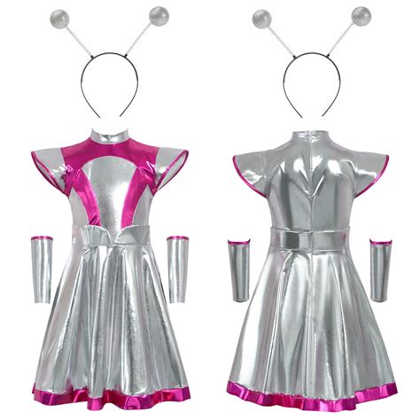 Cowsor Girls Galactic Alien Costume Dress Metallic Mesh Astronaut