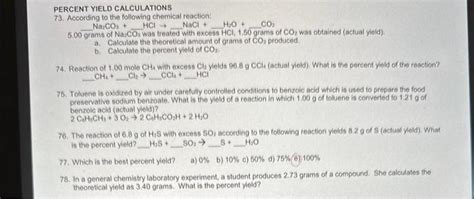 Solved Percent Yield Calculations 73 According To The