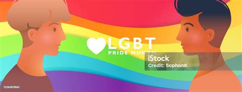 다채로운 Lgbt 자부심 의 달 배너입니다 추상적 인 종이 컷 무지개 깃발 배경에 매력적인 게이 커플의 초상화 복사 공간 벡터 일러스트 템플릿입니다 3차원 형태에 대한 스톡