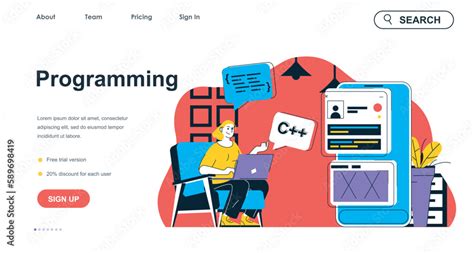 Programming Concept For Landing Page Template Woman Writing Code And