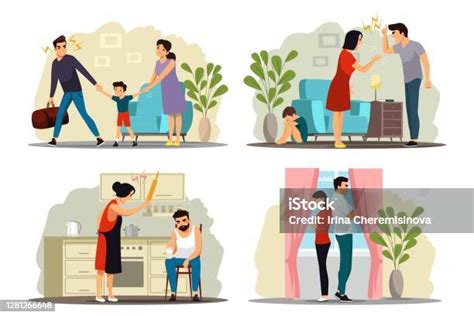 가족 갈등에 화가 난 사람들 여자와 남자는 외치고 비명을 지르고 소리를 지르고 싸우고 이혼을 생각하고 우는 아이 불행한 결혼