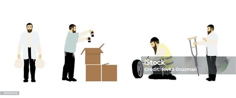 자선 활동을 하는 초정통파 종교 유대인 인물의 그림 빌린 의료 장비 사용법을 가르치고 도움이 필요한 사람들을 위해 음식 상자를 준비하고 펑크 난 타이어를 고치고 바퀴를