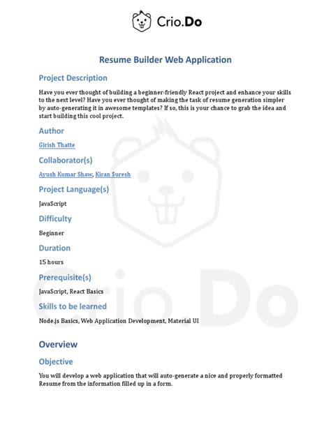 Resume Builder Web Application Project Description Pdf Web Application Clientserver Model