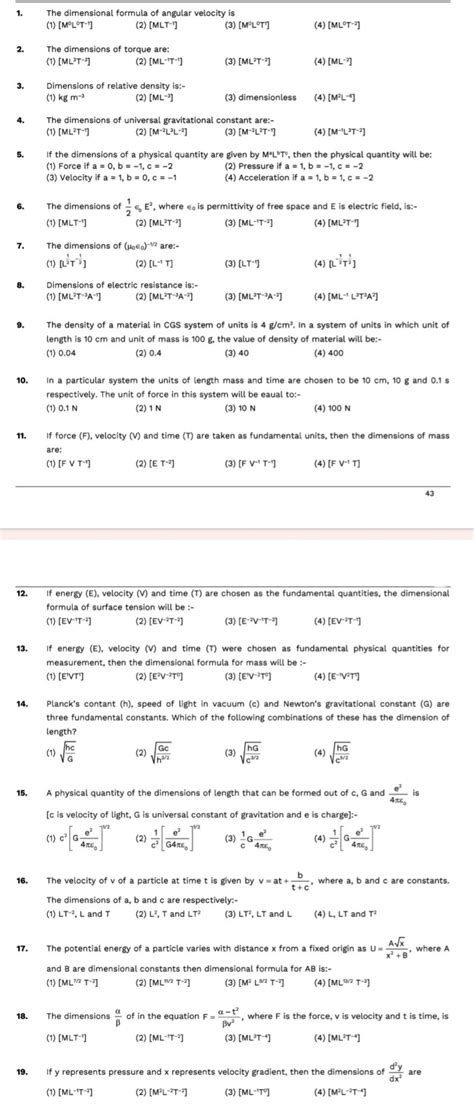 The Dimensional Formula Of Angular Velocity Is 1 M⁰l⁰t⁻¹ Mlt⁻¹ M⁰l⁰
