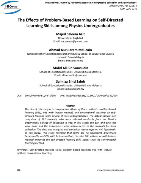 Pdf The Effects Of Problem Based Learning On Self Directed Learning Skills Among Physics
