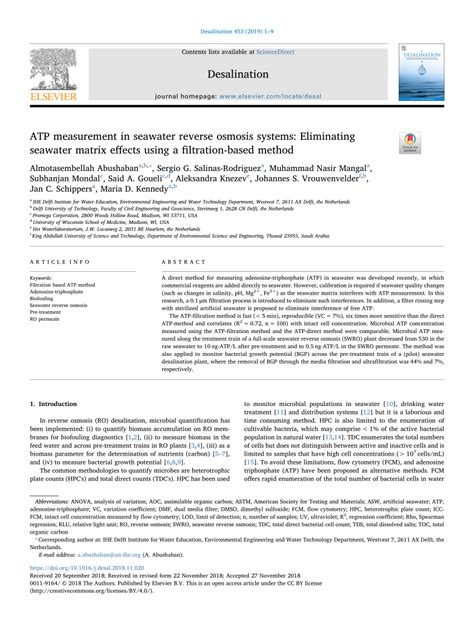 Pdf Atp Measurement In Seawater Reverse Osmosis Systems Eliminating Seawater Matrix Effects