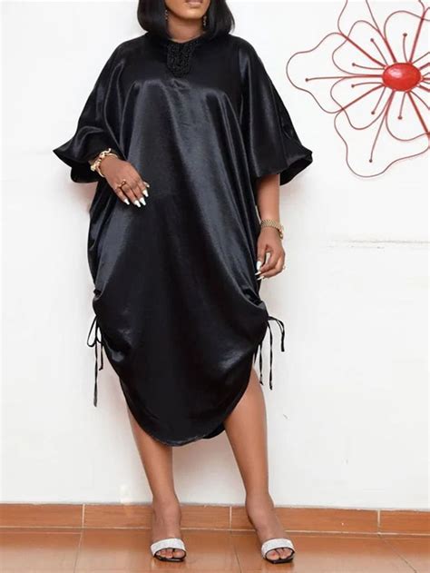 Drawstring Satin Side Splited Bat Sleeve Women Dresses Skui96257 Color Blocking Outfits