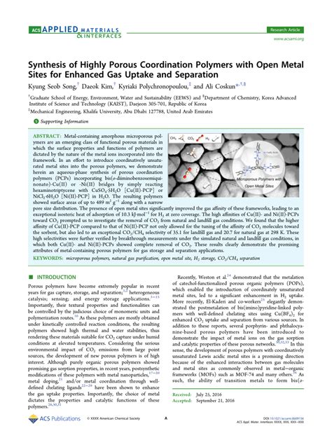 Pdf Synthesis Of Highly Porous Coordination Polymers With Open Metal Sites For Enhanced Gas
