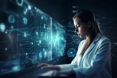 Premium Ai Image A Woman In A Lab Coat Sits At A Computer With The
