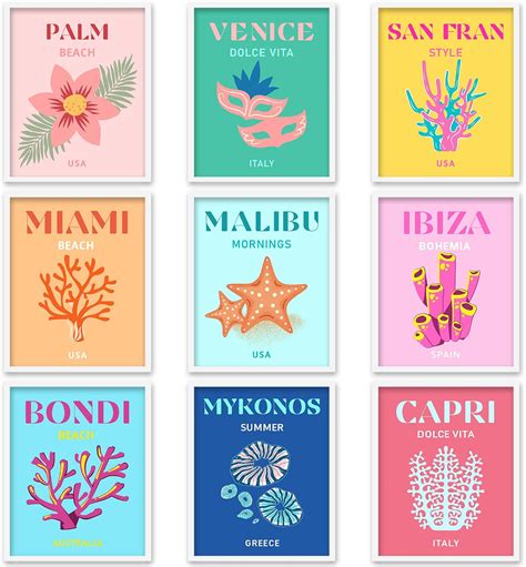 Whaline 9pcs Preppy Travel Wall Art Prints Colorful Abstract Aesthetic