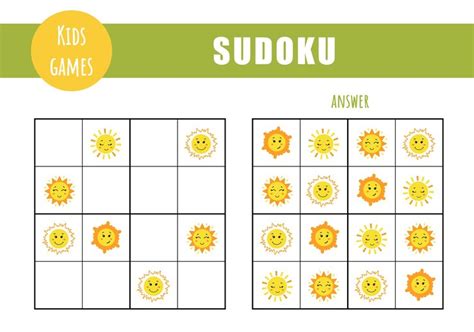 아이들을 위한 스도쿠 어린이 활동 시트 귀여운 태양이 있는 퍼즐 게임 프리미엄 벡터