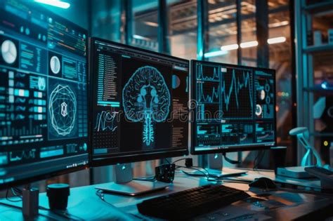 advanced neuroscience lab with brain data displays stock illustration