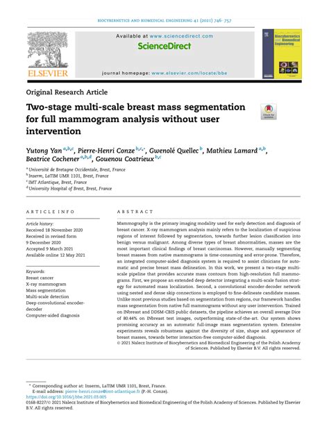 Pdf Two Stage Multi Scale Breast Mass Segmentation For Full Mammogram Analysis Without User