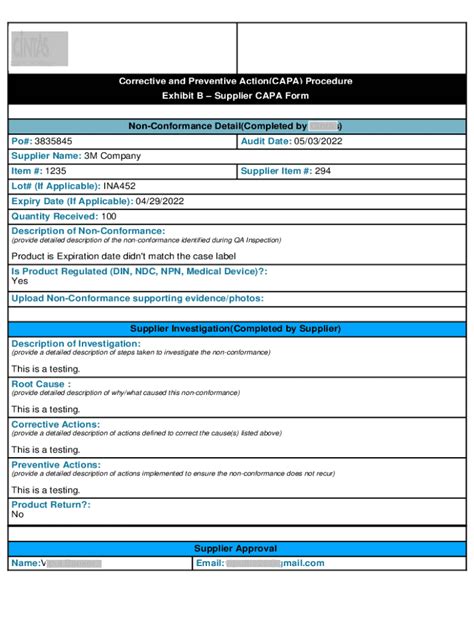 Fillable Online Supplier Capa Form Non Conformance Detail Completed Fax Email Print Pdffiller
