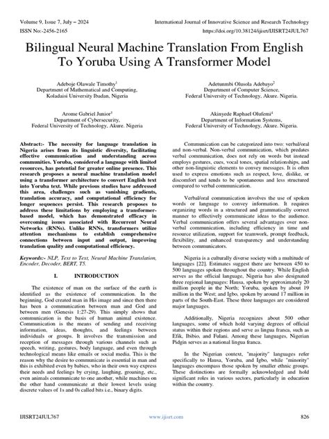 Bilingual Neural Machine Translation From English To Yoruba Using A Transformer Model Pdf