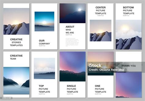 소셜 네트워크 스토리 디자인 수직 배너 또는 전단지 템플릿 전단지 커버를 위한 디자인 템플릿을 다룹니다 안개 아침과 저녁에 일몰에 일출 산과 자연 경관 배경 가리기에 대한