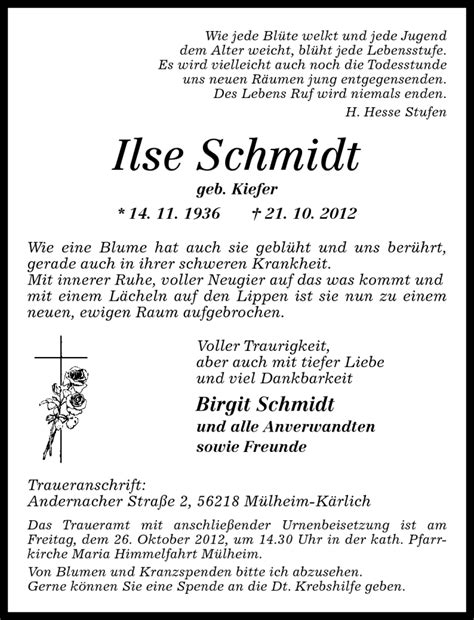 Traueranzeigen Von Ilse Schmidt Rz Trauer De