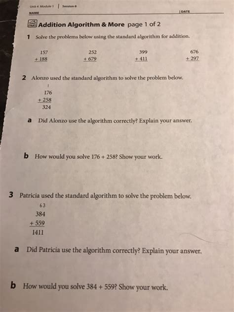 Solved Unit 4 Module1 Session Name Addition Algorithm And